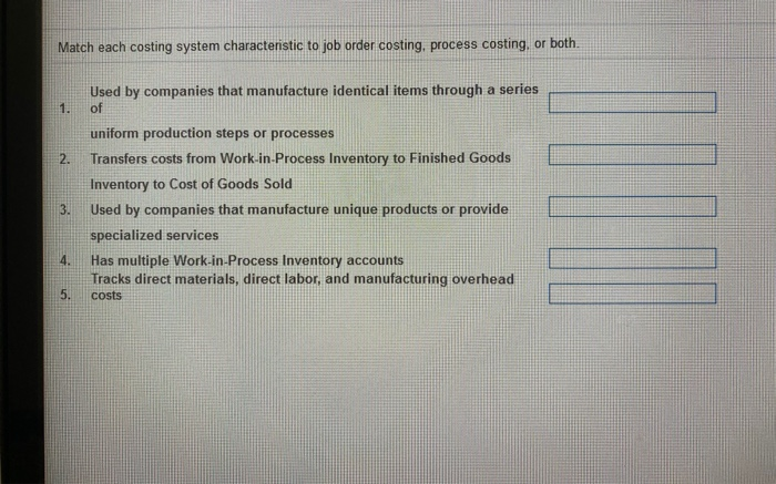Solved Match Each Costing System Characteristic To Job Order Chegg