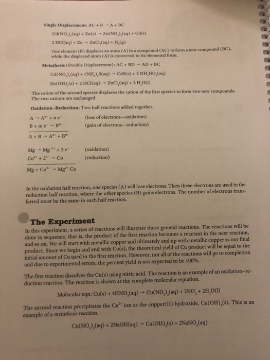 Solved Experiment 6 Classifying Reactions in the Copper | Chegg.com