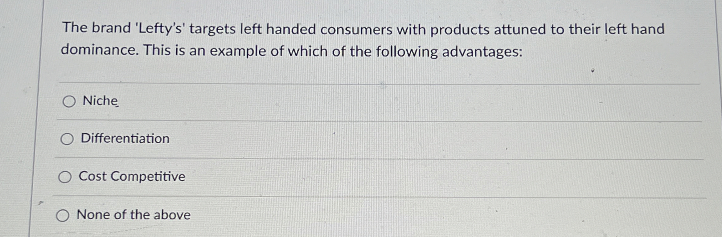 Solved The brand 'Lefty's' targets left handed consumers | Chegg.com