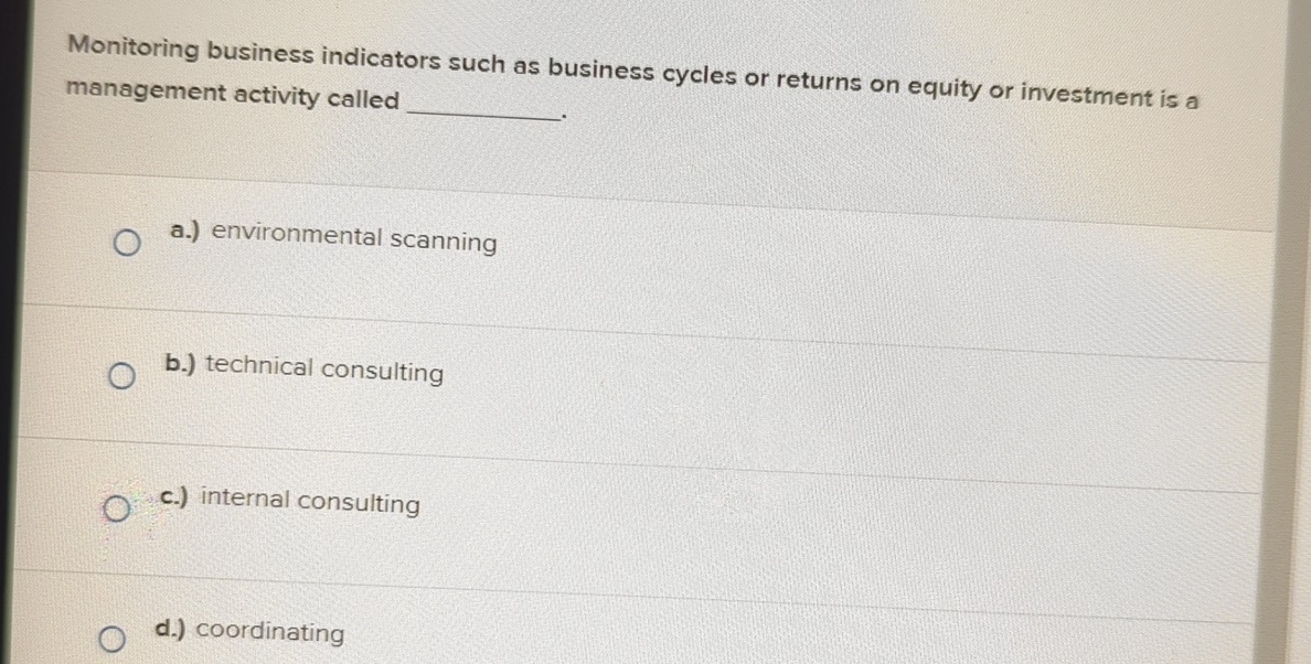 Solved Monitoring business indicators such as business | Chegg.com