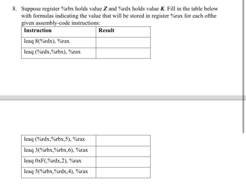 Solved 8-Suppose register %rbx holds value Z ﻿and %rdx | Chegg.com