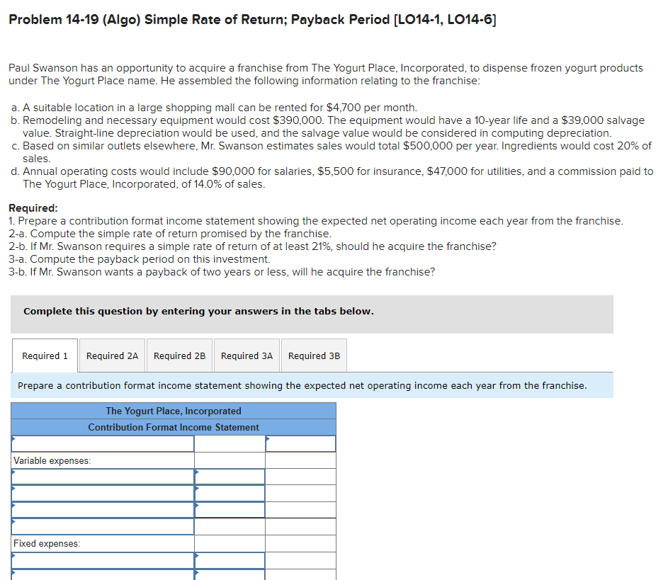 Solved Problem 14-19 (Algo) ﻿Simple Rate of Return; Payback | Chegg.com