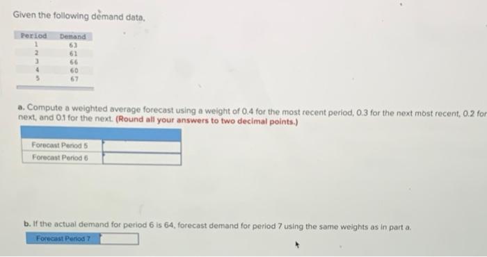 Solved Given the following demand data, Period Demand 2 63 | Chegg.com