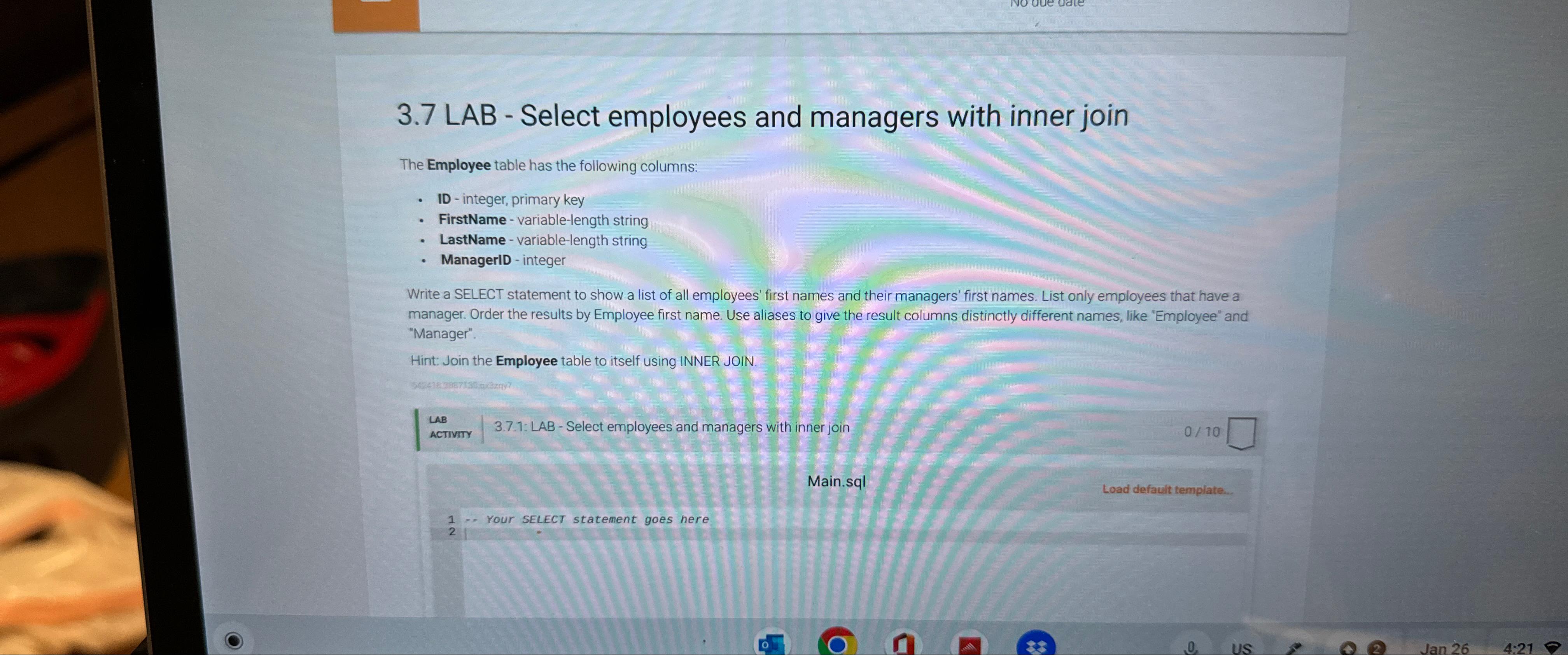 Solved 3.7 ﻿LAB - ﻿Select employees and managers with inner | Chegg.com