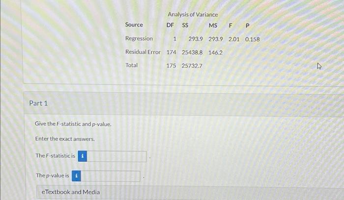 Solved Part 1 Give the F-statistic and p-value. Enter the | Chegg.com