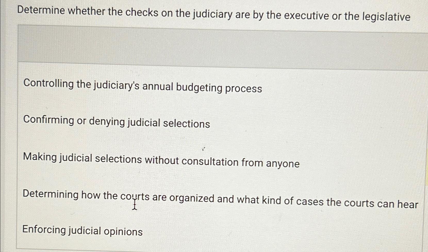 Solved Determine whether the checks on the judiciary are by | Chegg.com