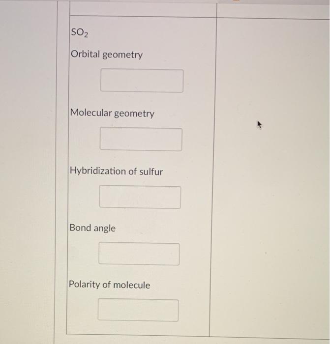 Solved SO2 Orbital geometry Molecular geometry Hybridization | Chegg.com