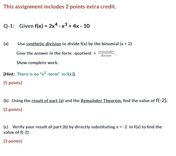 Solved This assignment includes 2 points extra credit. Q-1: | Chegg.com