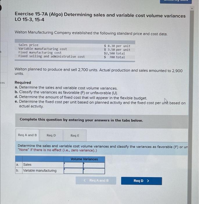 Solved Exercise 15-7A (Algo) Determining sales and variable | Chegg.com