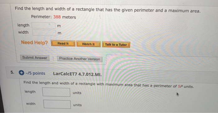 Solved Find the length and width of a rectangle that has the | Chegg.com