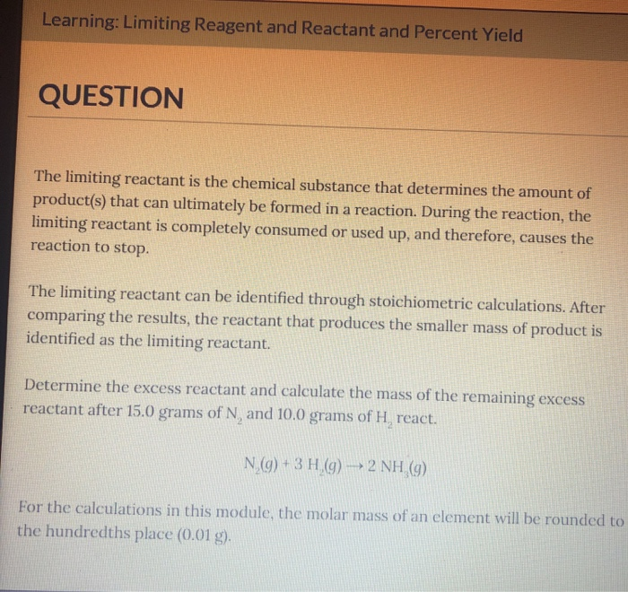 Solved Learning: Limiting Reagent and Reactant and Percent | Chegg.com
