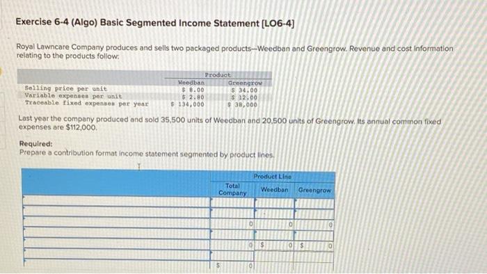 Solved Exercise 6-4 (Algo) Basic Segmented Income Statement | Chegg.com