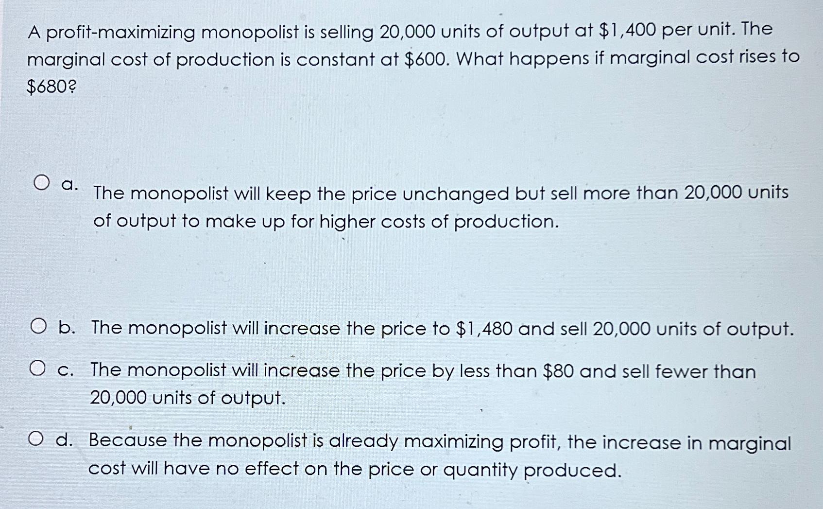 Solved A profit-maximizing monopolist is selling 20,000 | Chegg.com
