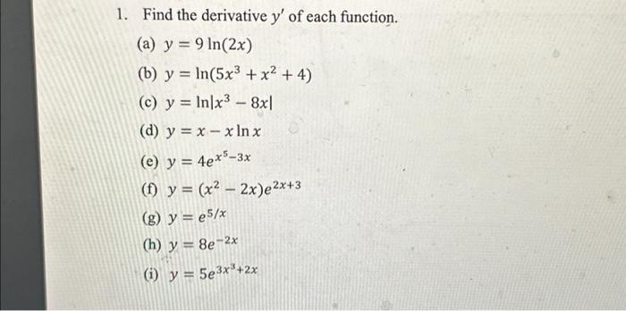 Solved 1. Find the derivative y' of each function. (a) y = 9 | Chegg.com