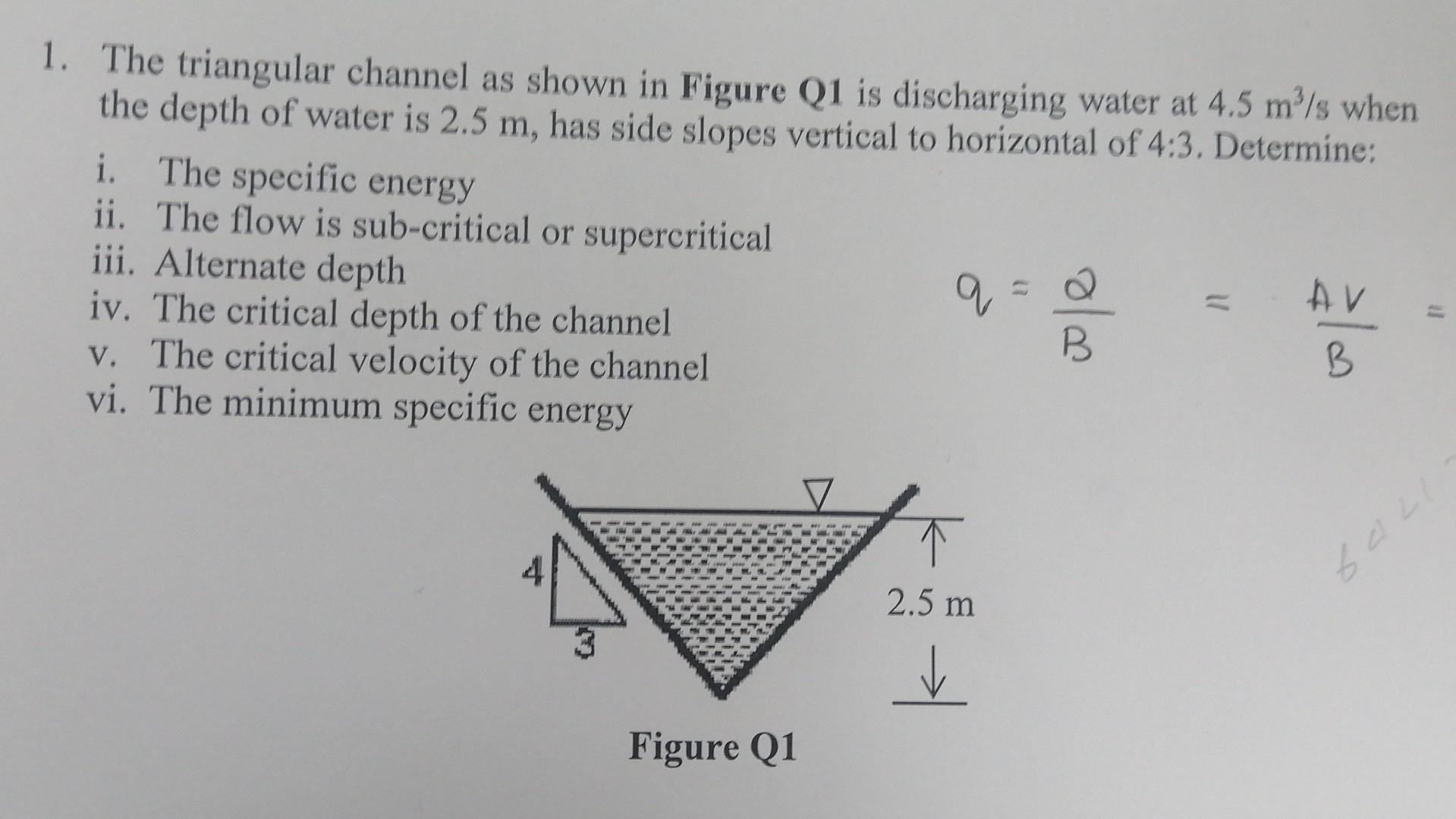 Solved 1. The triangular channel as shown in Figure Q1 is | Chegg.com