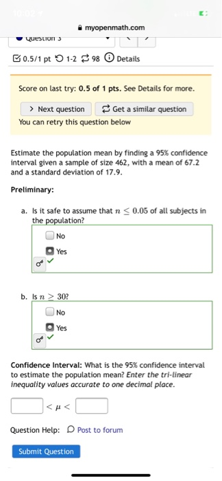 Solved myopenmath.com Question 3 0.5/1 pt 1-2 98 Details | Chegg.com