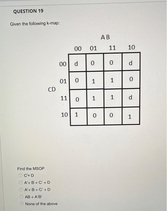 Solved Given the following k-map: Find the MSOP | Chegg.com