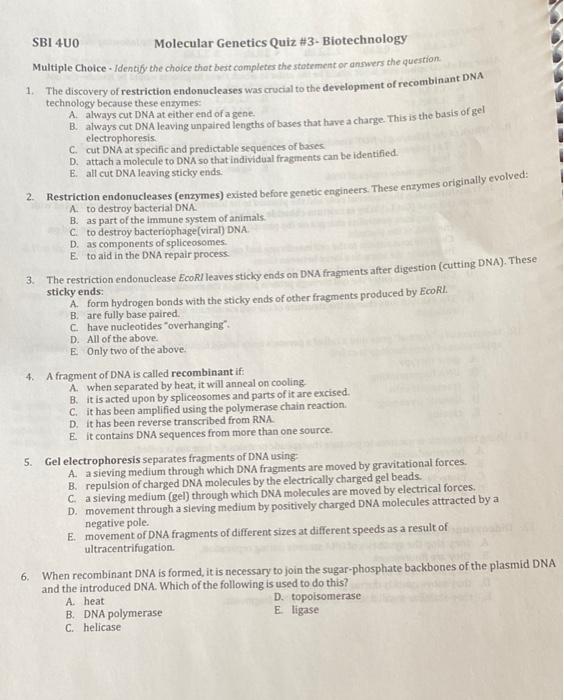 Solved SBI 4U0 Molecular Genetics Quiz #3- Biotechnology | Chegg.com