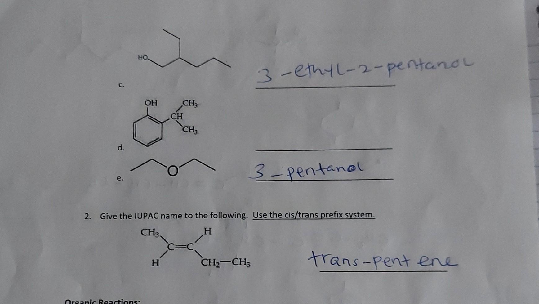 Solved c. 3-ethyl-2-pentanol d. e. 3-pentanol 2. Give the | Chegg.com