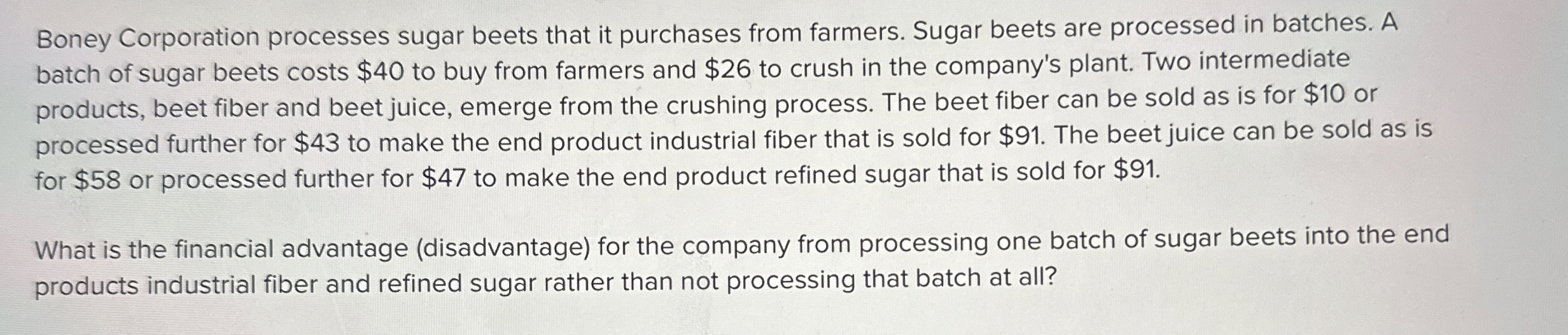 Solved Boney Corporation processes sugar beets that it | Chegg.com