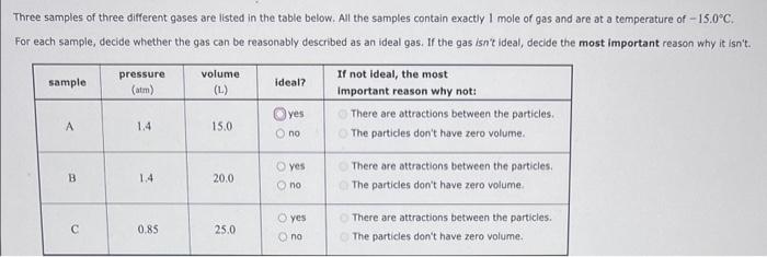 Solved Three samples of three different gases are listed in | Chegg.com