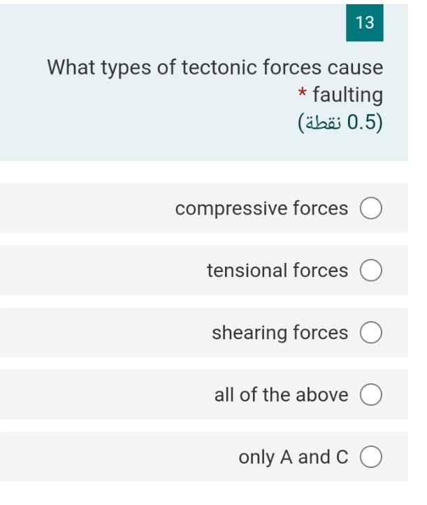 Solved 13 What types of tectonic forces cause * faulting | Chegg.com