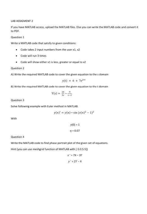 Solved LAB ASSIGMENT 2 If you have MATLAB access, upload the | Chegg.com