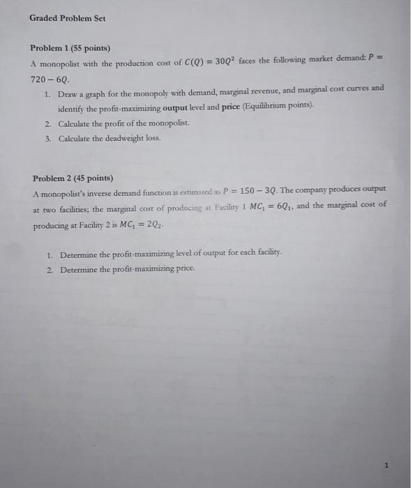 Solved Problem 1 (55 points) A monopolist with the | Chegg.com