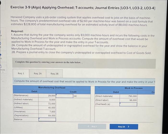 Exercise 3-9 (Algo) Applying Overhead; T-accounts; | Chegg.com
