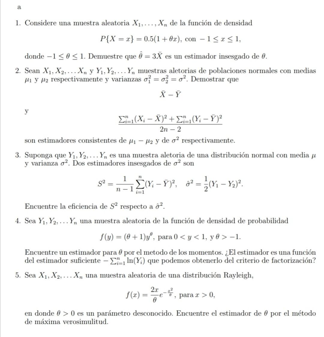 Solved 1 Considere Una Muestra Aleatoria X1 Xn De La Chegg