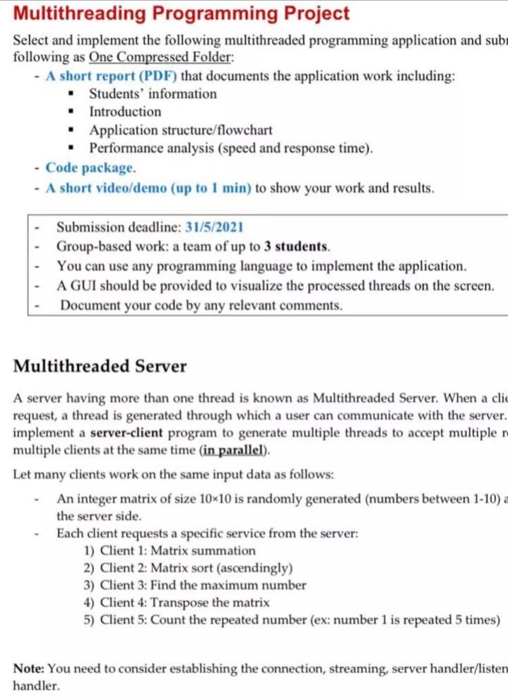 Solved Multithreading Programming Project Select and | Chegg.com