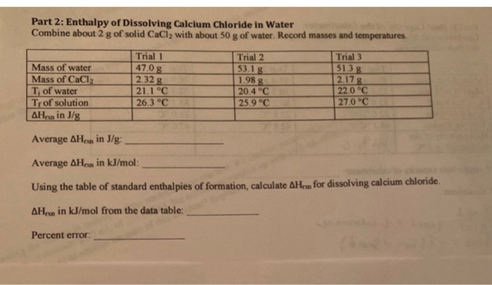 Part 2: Enthalpy of Dissolving Calcium Chloride in | Chegg.com