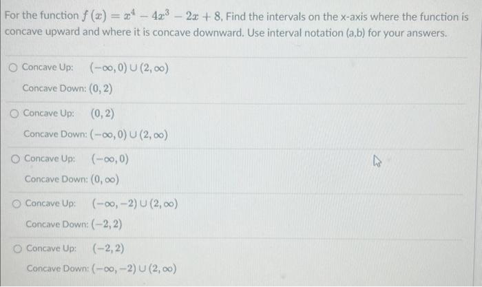 Solved For the function f(x)=x4−4x3−2x+8. Find the intervals | Chegg.com