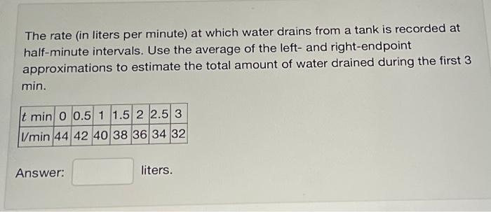 Solved The rate (in liters per minute) at which water drains | Chegg.com