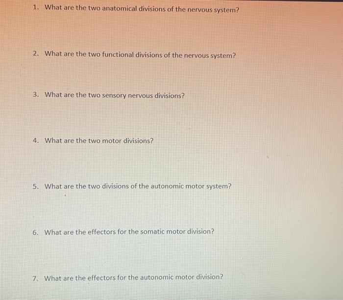 Solved 1. What are the two anatomical divisions of the | Chegg.com