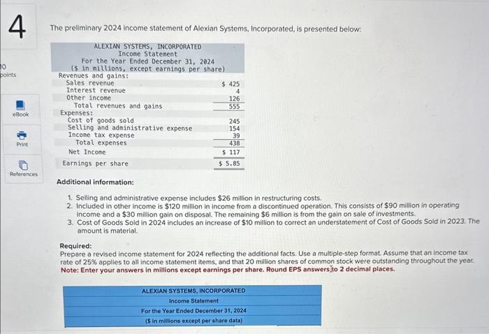 The preliminary 2024 income statement of Alexian | Chegg.com