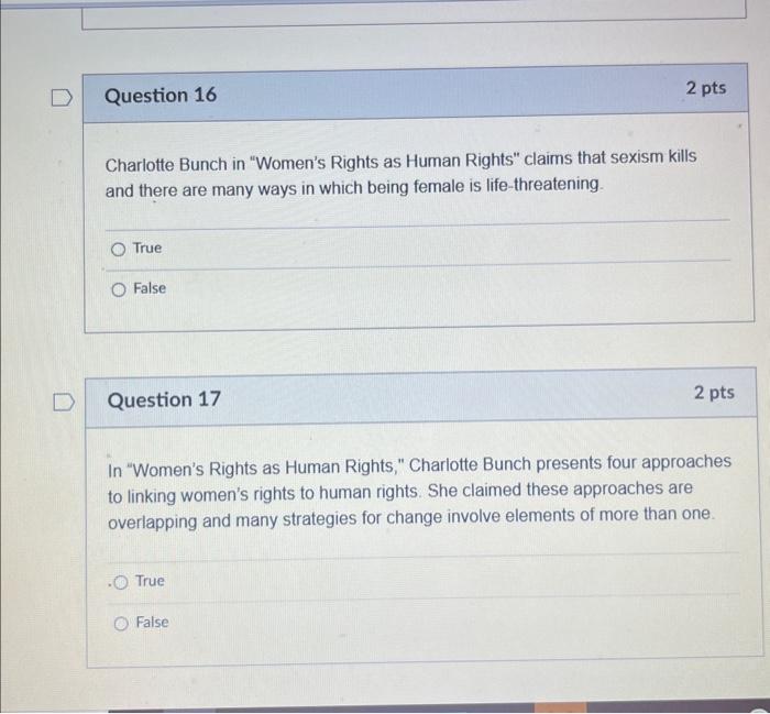 Charlotte Bunch in "Women's Rights as Human Rights" | Chegg.com