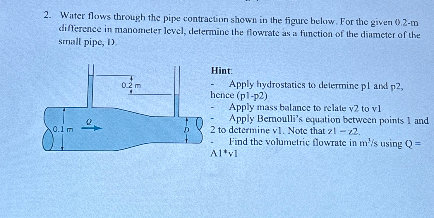 Solved Water flows through the pipe contraction shown in the | Chegg.com