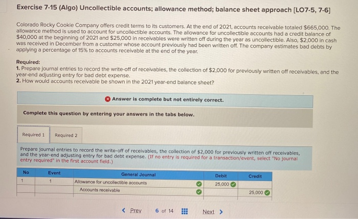 Solved Exercise 7-15 (Algo) Uncollectible accounts; | Chegg.com
