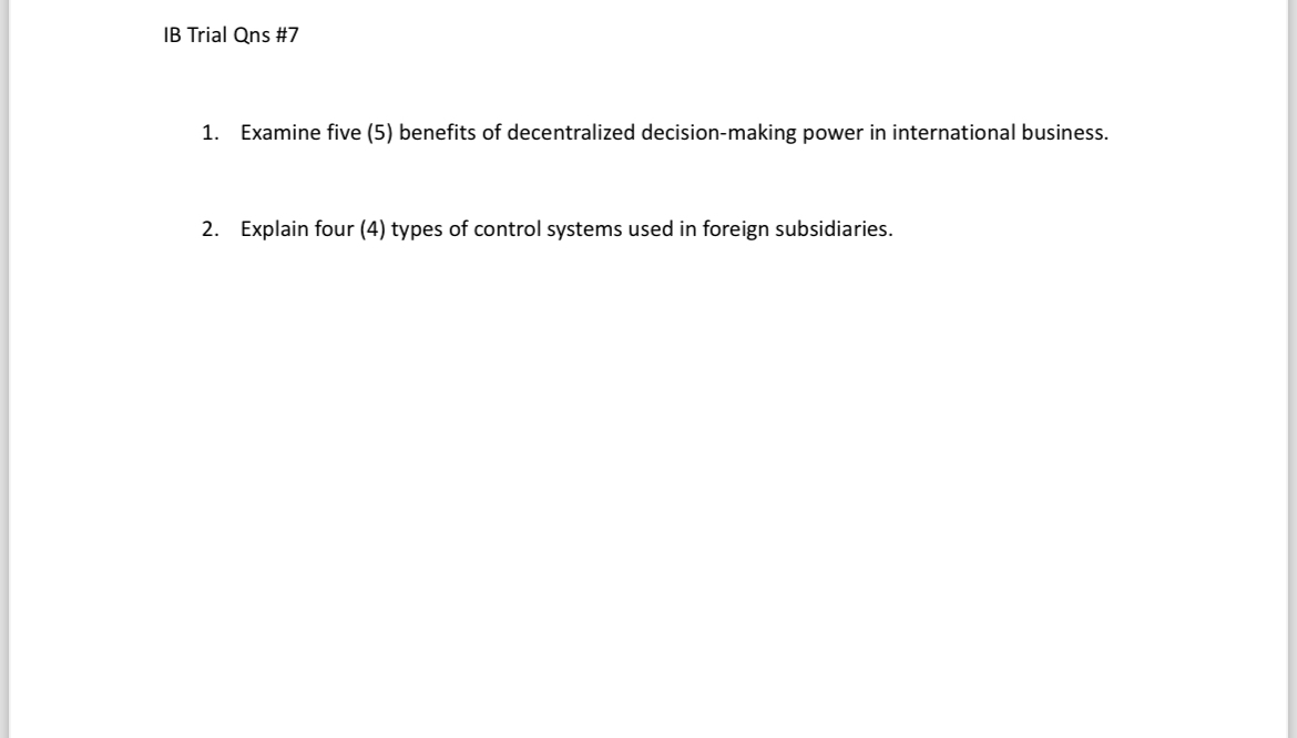 Solved IB Trial Qns #7Examine five (5) ﻿benefits of | Chegg.com