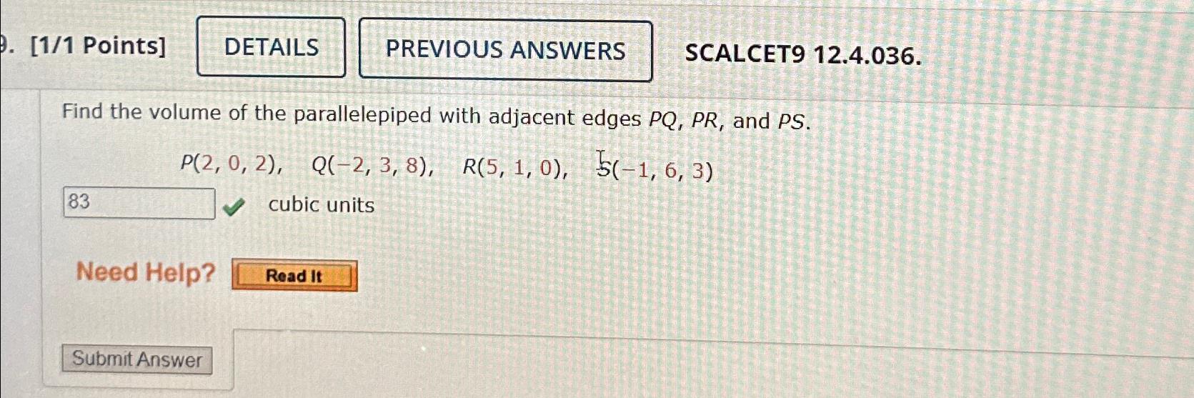 Solved [1/1 ﻿Points]SCALCET9 12.4.036.Find the volume of the | Chegg.com