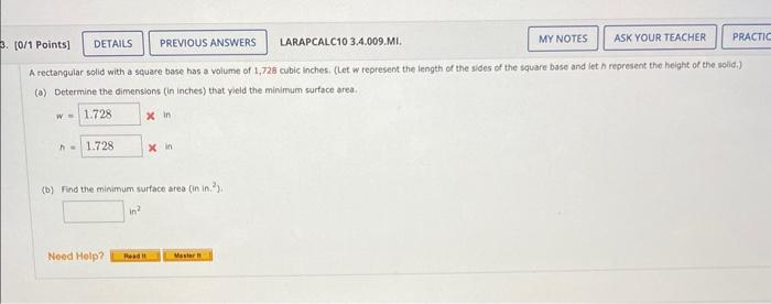 Solved A rectangular solid with a square base has a volume | Chegg.com