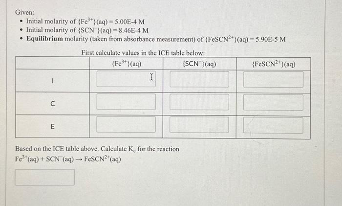 Solved Given: - Initial molarity of {Fe3+}(aq)=5.00E−4M - | Chegg.com