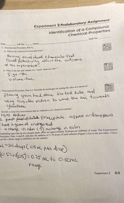 Solved Experiment 2 Prelaboratory Assignment Identification | Chegg.com