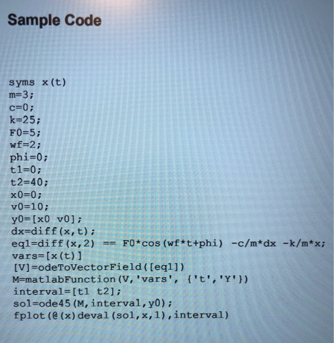 Solved Sample Code syms x (t) m=3; c=0; k=25; F0=5; wf=2; | Chegg.com