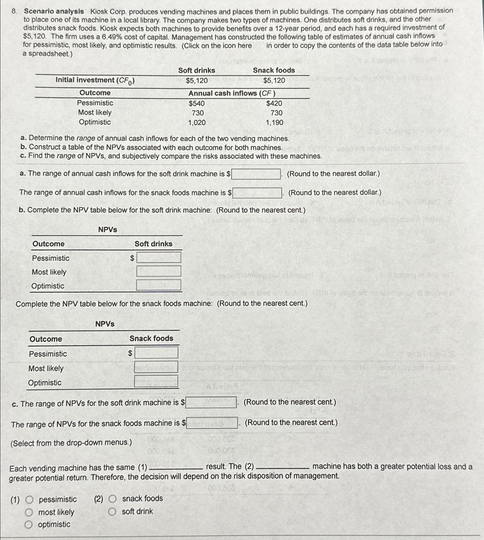 Solved Scenario analysis Kiosk Corp. produces vending | Chegg.com