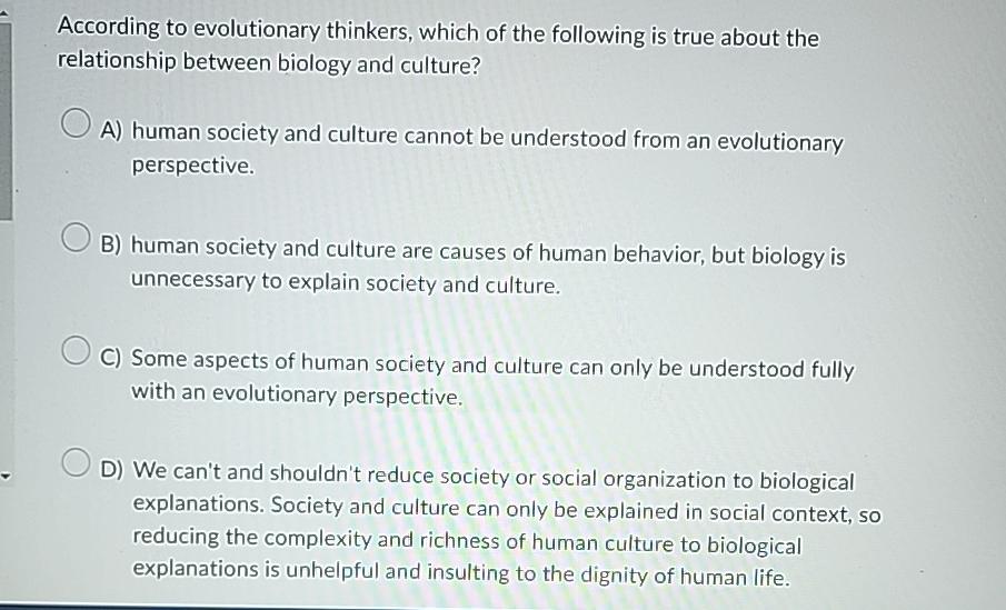 Solved According to evolutionary thinkers, which of the | Chegg.com