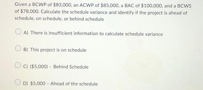 Solved Given a BCWP of $83,000, an ACWP of $85,000, a BAC of | Chegg.com