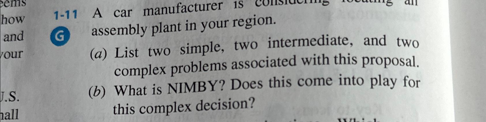 Solved 1-11 ﻿A car manufacturer isG assembly plant in your | Chegg.com