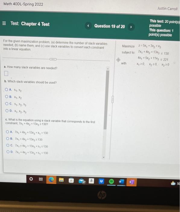 Solved Math 40DL-Spring 2022 Justin Carroll Test: Chapter 4 | Chegg.com